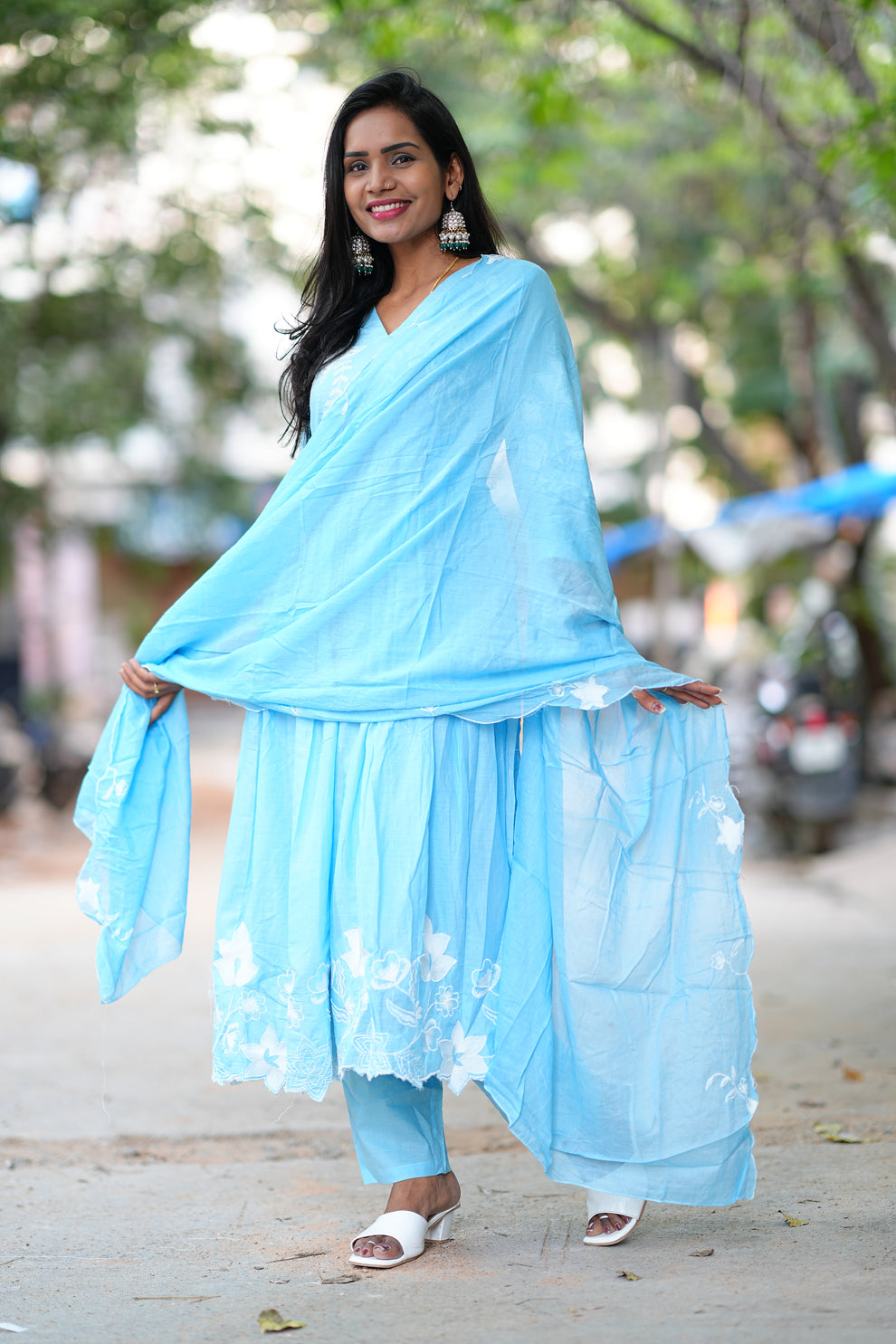 Powder Blue Color Mul Cotton 3 Piece Set With Applique Work and Comple ...