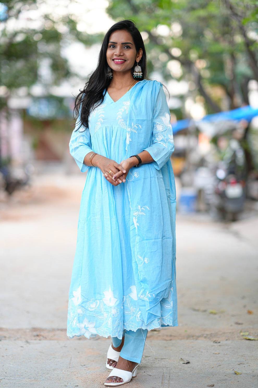 Powder Blue Color Mul Cotton 3 Piece Set With Applique Work and Comple ...