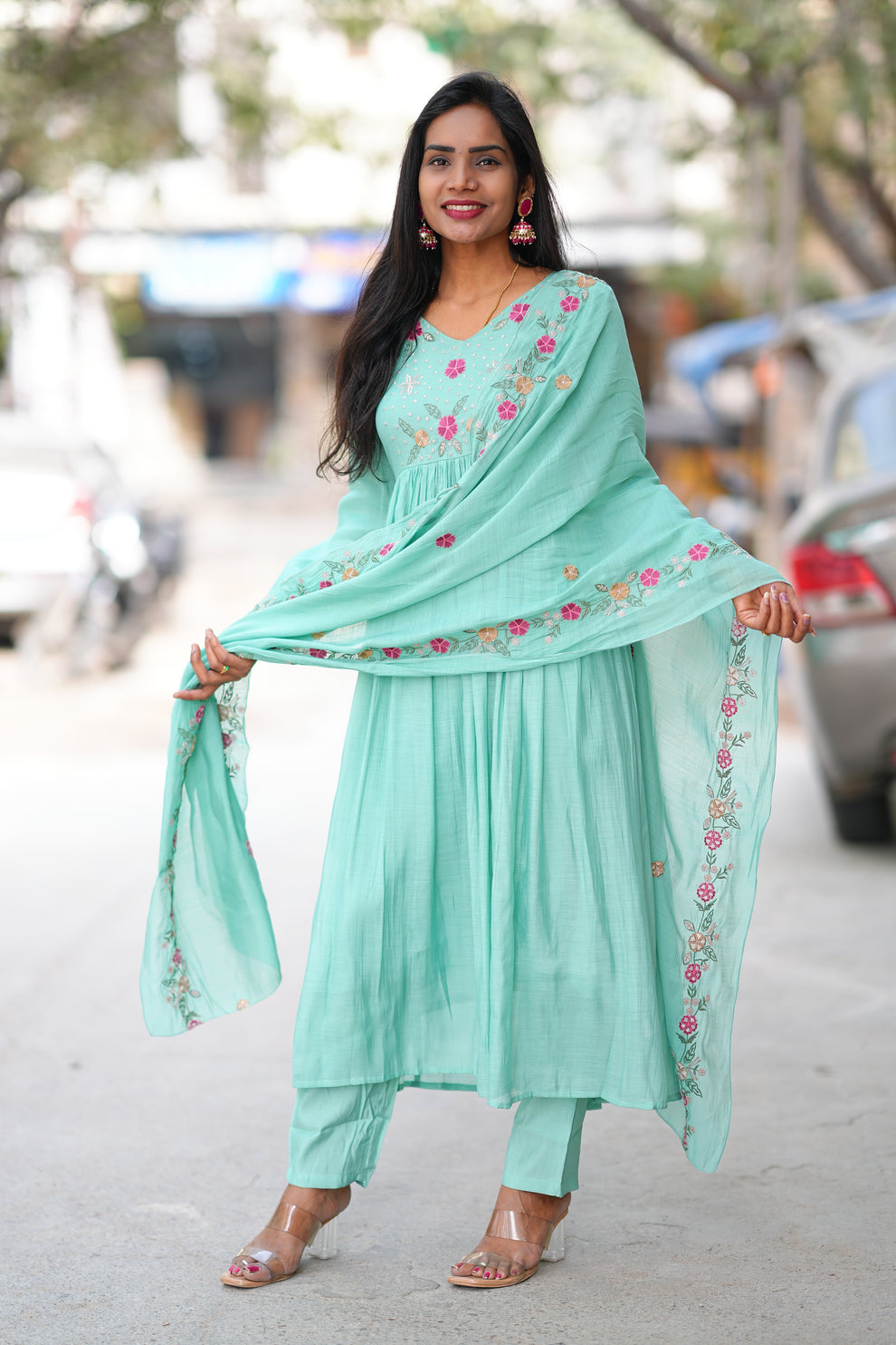 Aqua Green Color Mul Chanderi Designer Wear 3 Piece Set With Lining ...