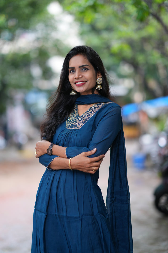 Rama Blue Color Mul Chandheri A Line 3 Piece Set – SrivalliCollection