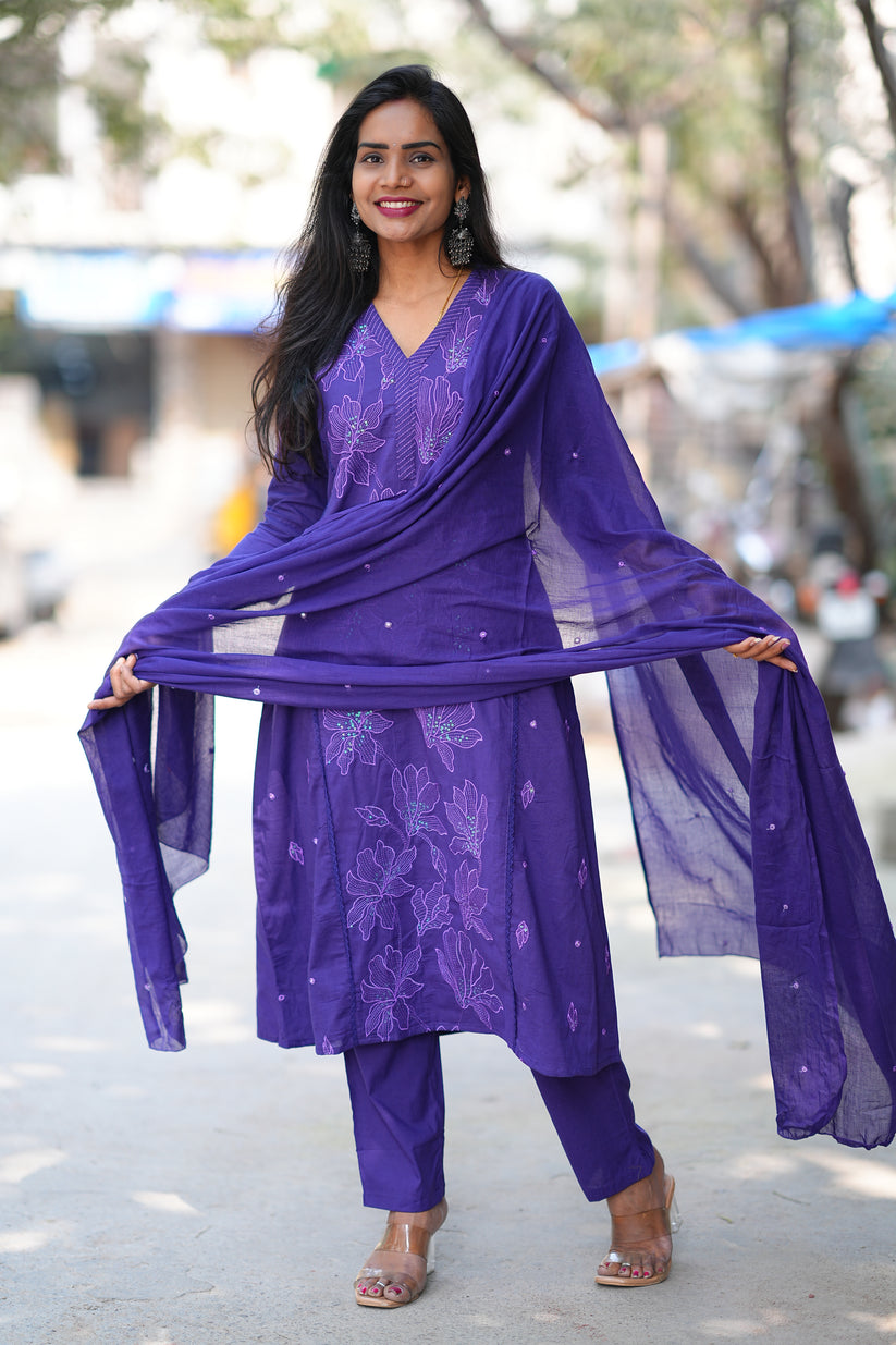Royal Purple Jaipur Slub Cotton A Line 3 Piece Set With Lining ...