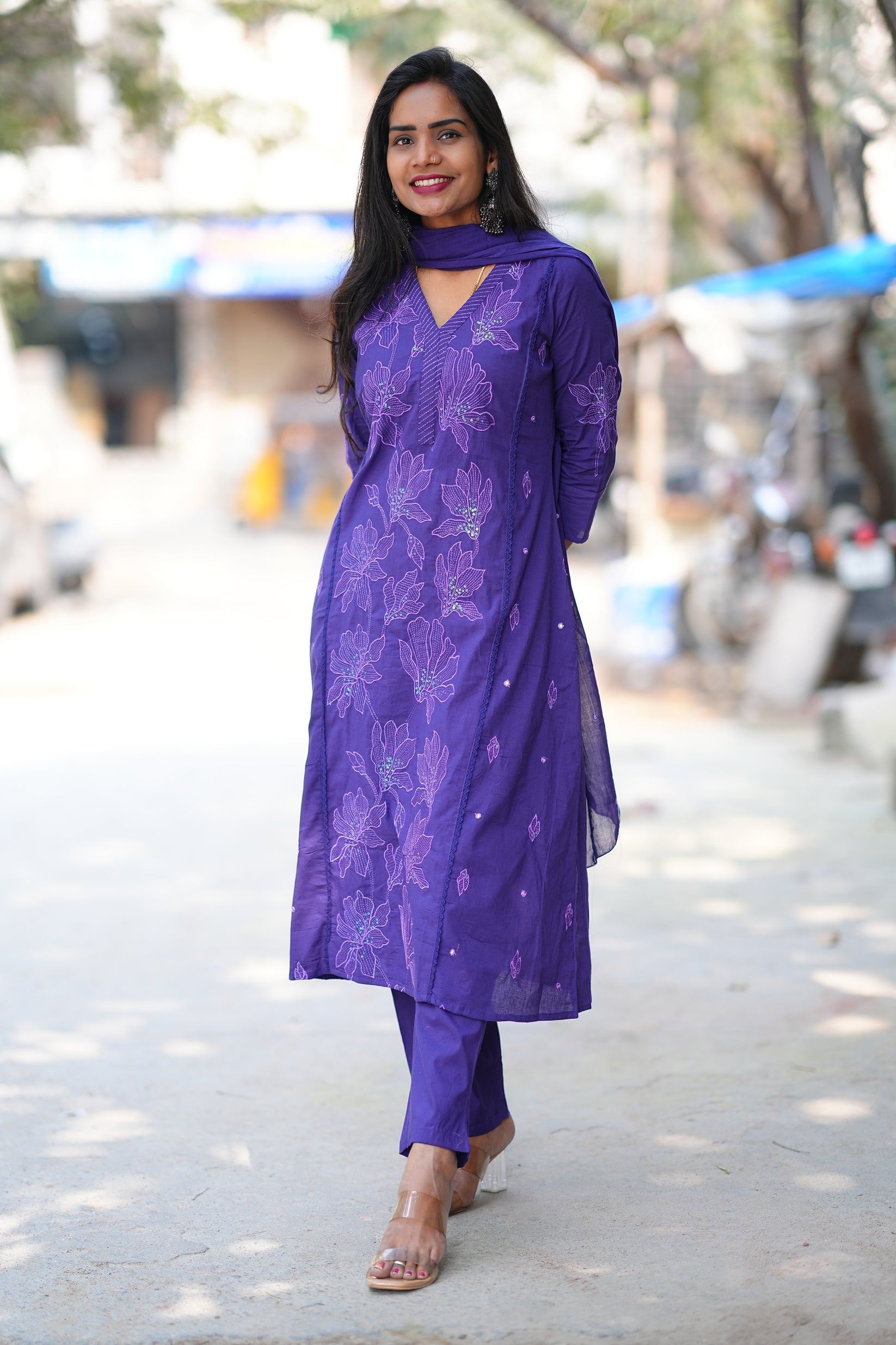 Royal Purple Jaipur Slub Cotton A Line 3 Piece Set With Lining ...