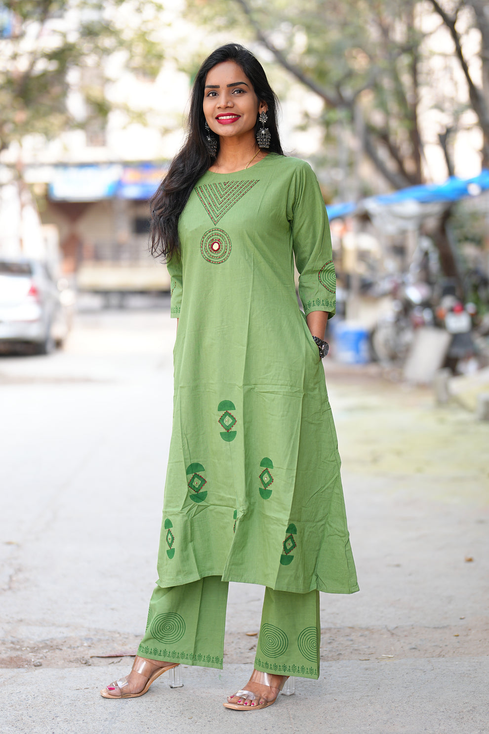 Olive Green Color Jaipur Cotton Cordset With Hand Block Print and Embr ...