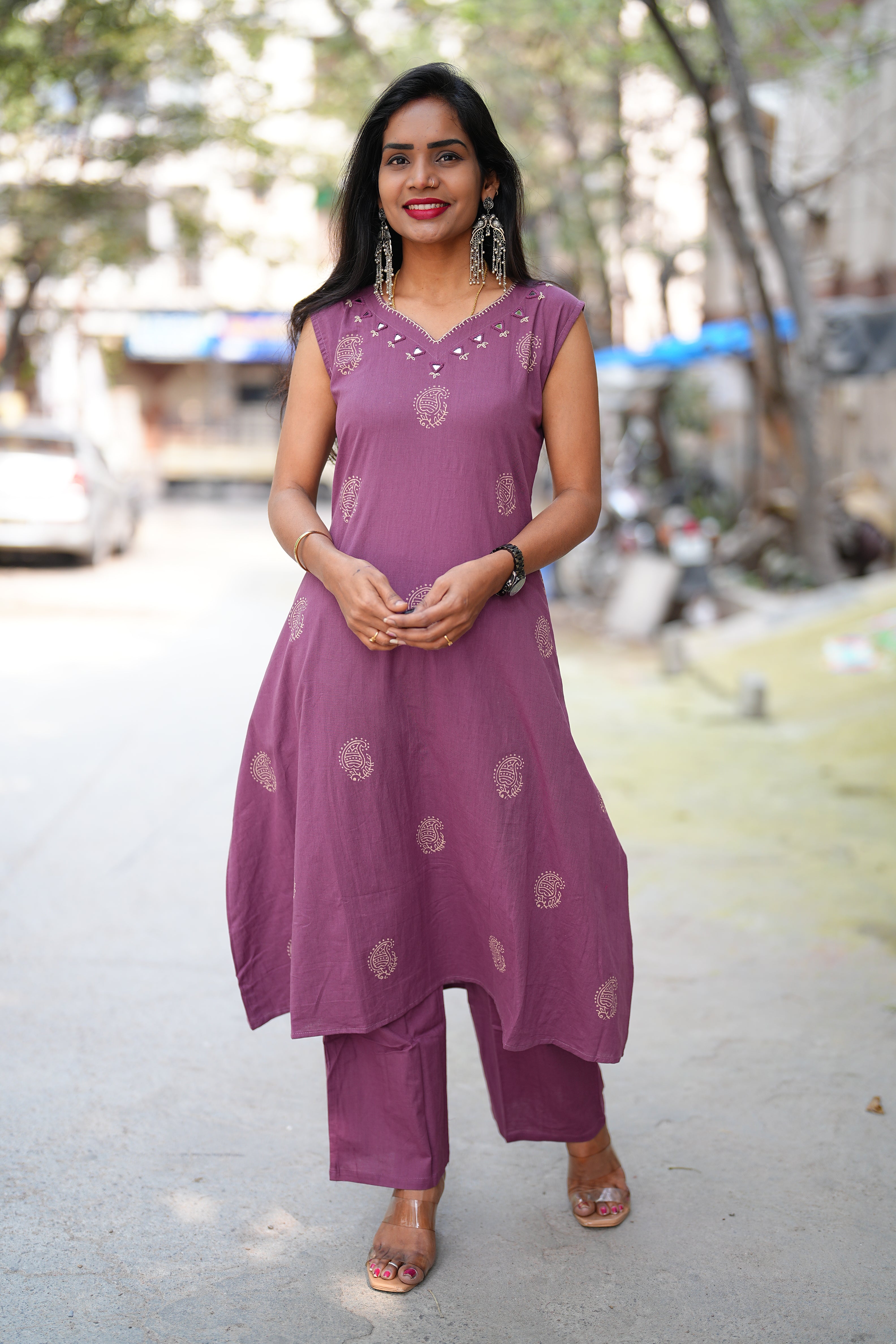 Purple Color Jaipur Cotton Cordset With Hand Block Print and Thread Wo ...