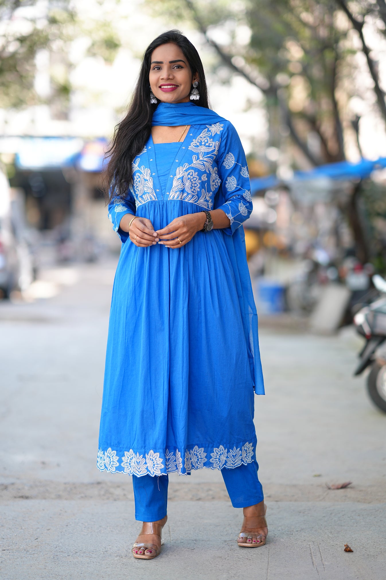 Blue Color Pure Mul Cotton 3 Piece set With Embroidery and Applique Wo ...