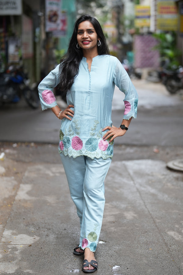 Light Blue Color Designer Wear Mul Chanderi Cord Set – SrivalliCollection