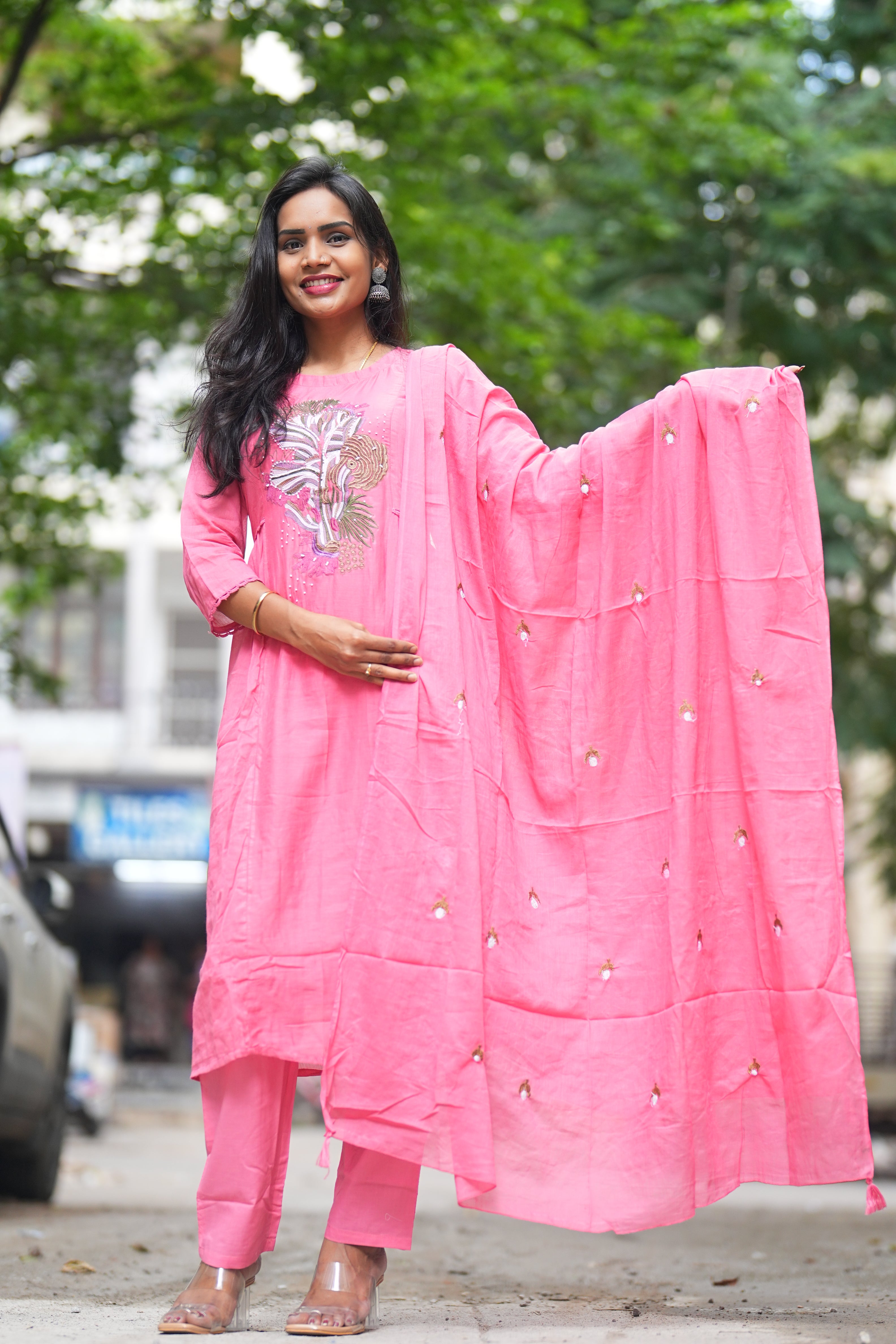 Pink Color Pure Mul Cotton Embroidery Design 3 Piece Set With Complete ...