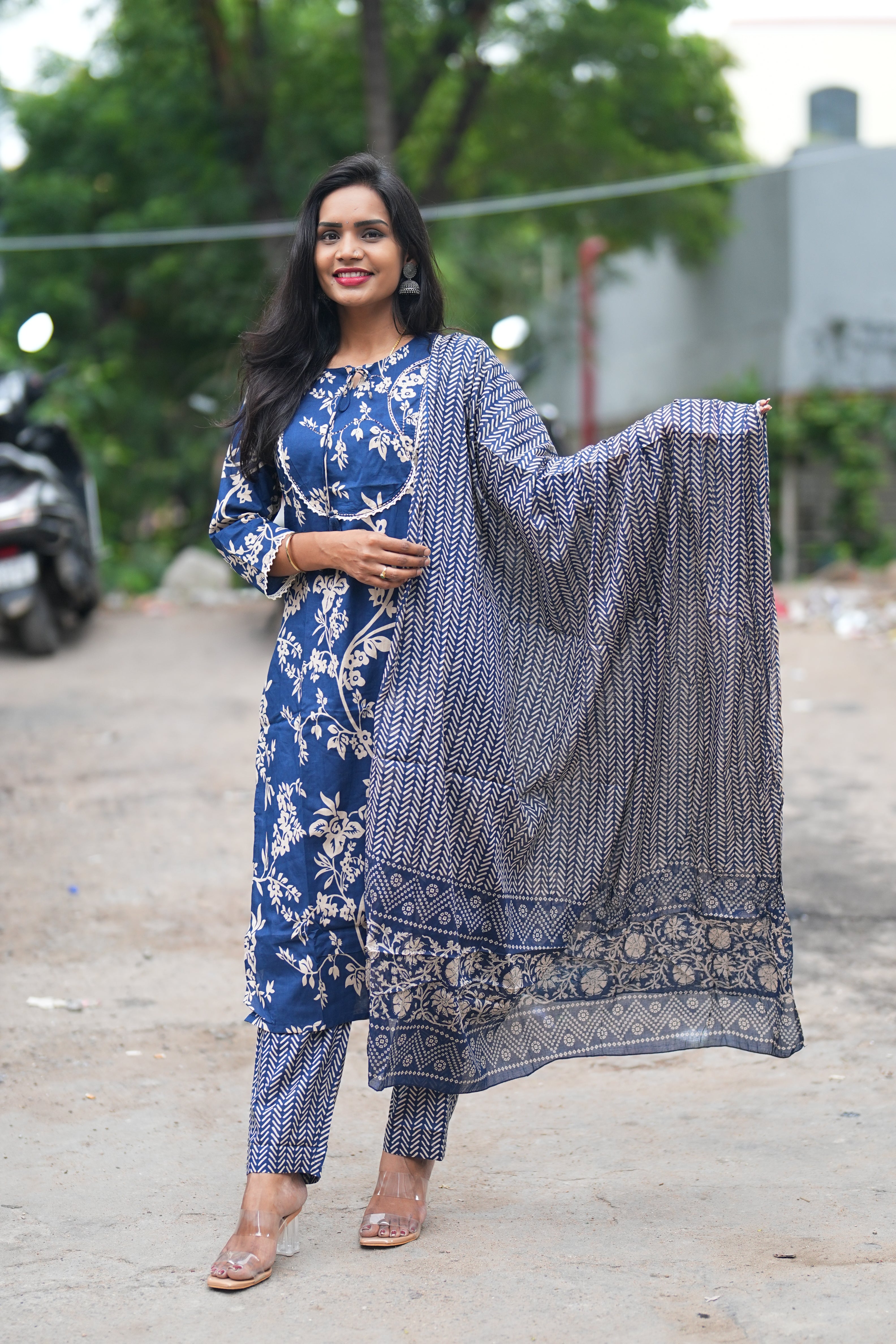 Blue Color Office Wear Jaipur Cotton 3 Piece Set With Complete Lining ...