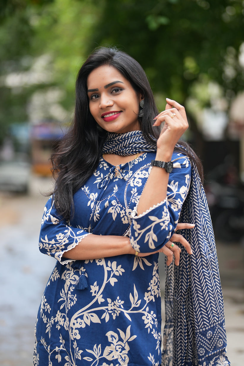 Blue Color Office Wear Jaipur Cotton 3 Piece Set With Complete Lining ...