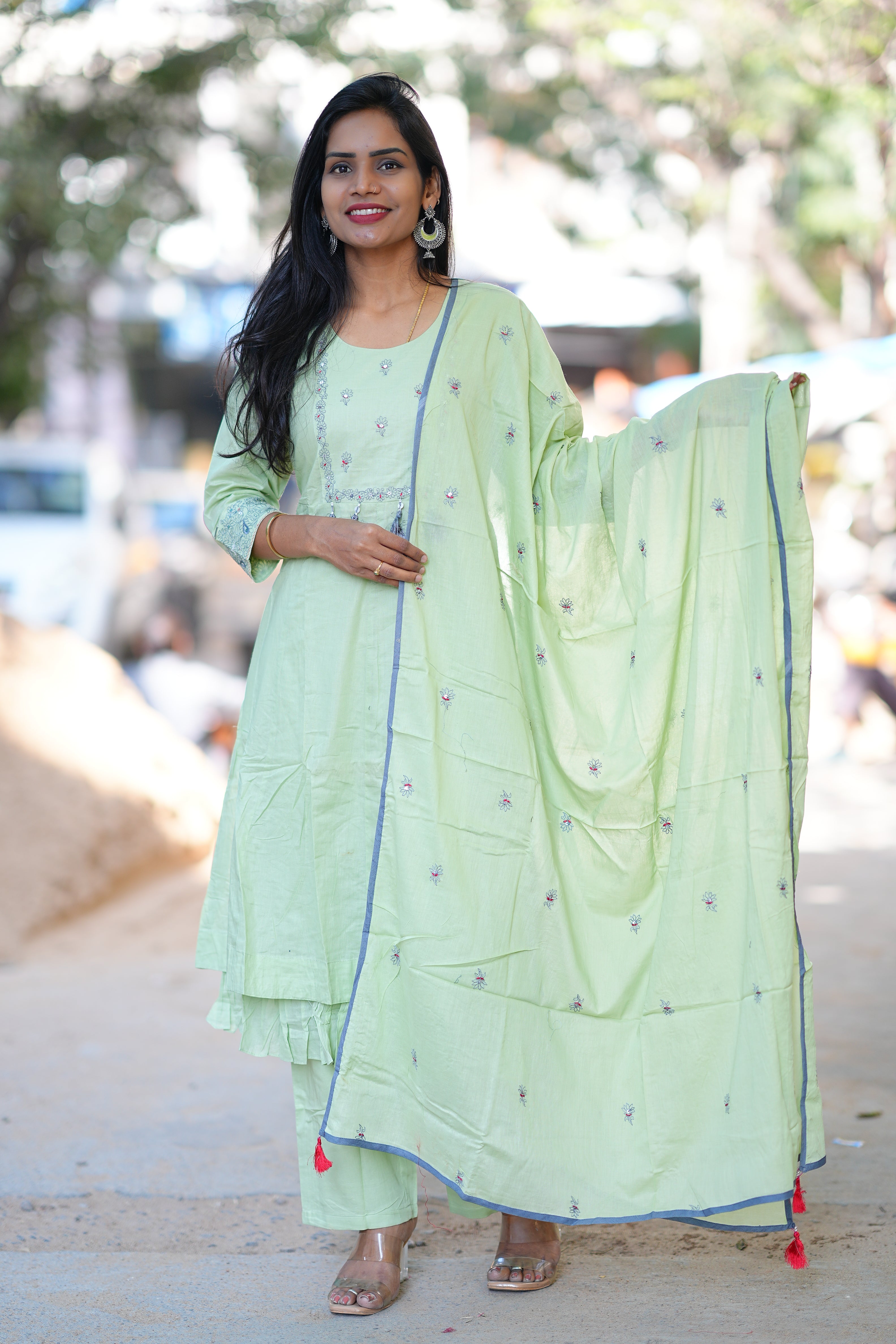 Pista Green Color Designer Wear Mul Cotton 3 Piece Set With Embriodary ...