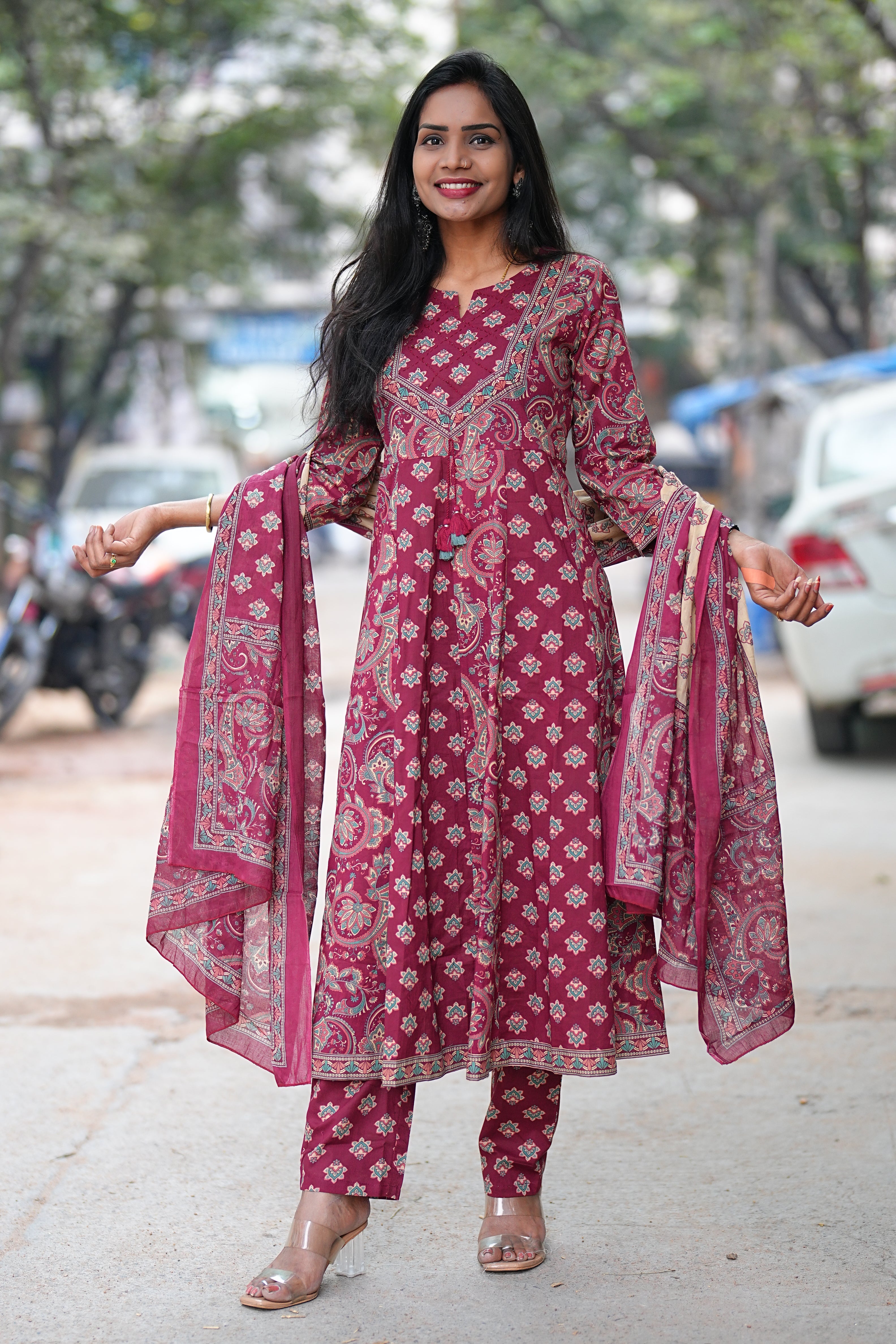 Red Color Jaipur Cotton Anarkali 3 Piece Set – SrivalliCollection
