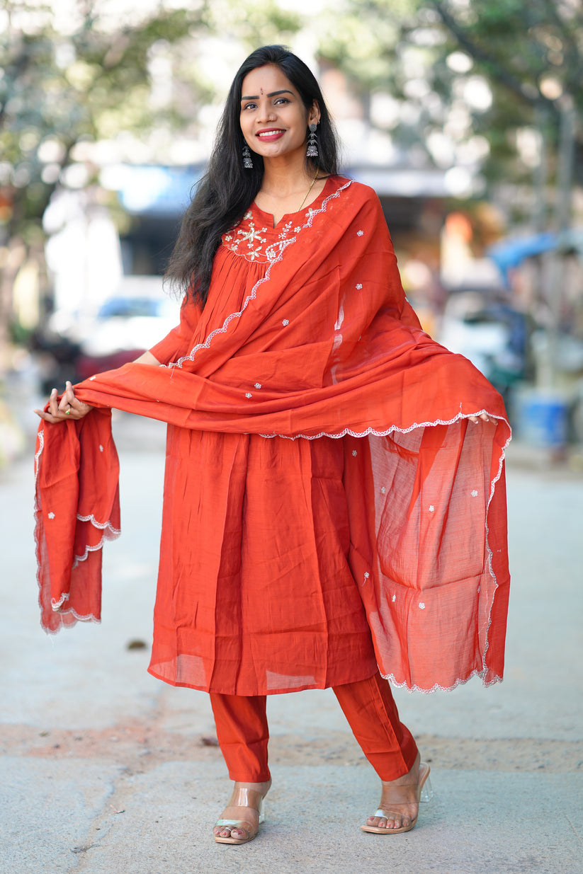 Brick Orange Color Mul chander 3 Piece Set With Complete Lining ...