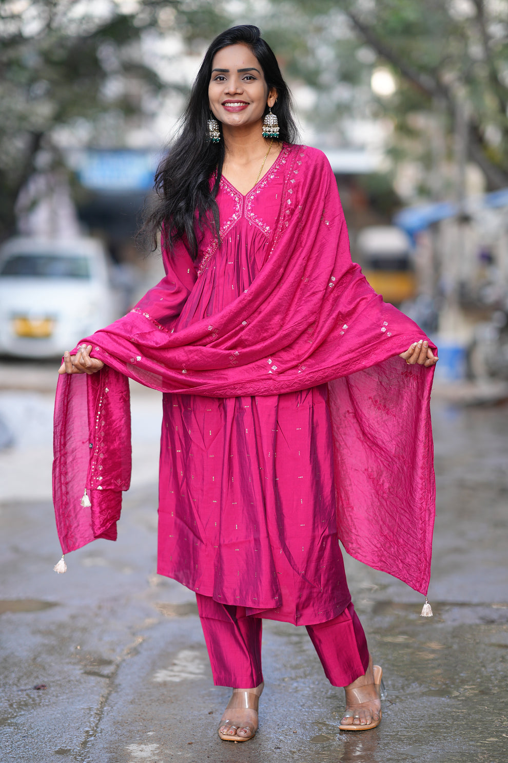 Rani Pink Color Festive Wear Anarkali 3 Piece Set – SrivalliCollection